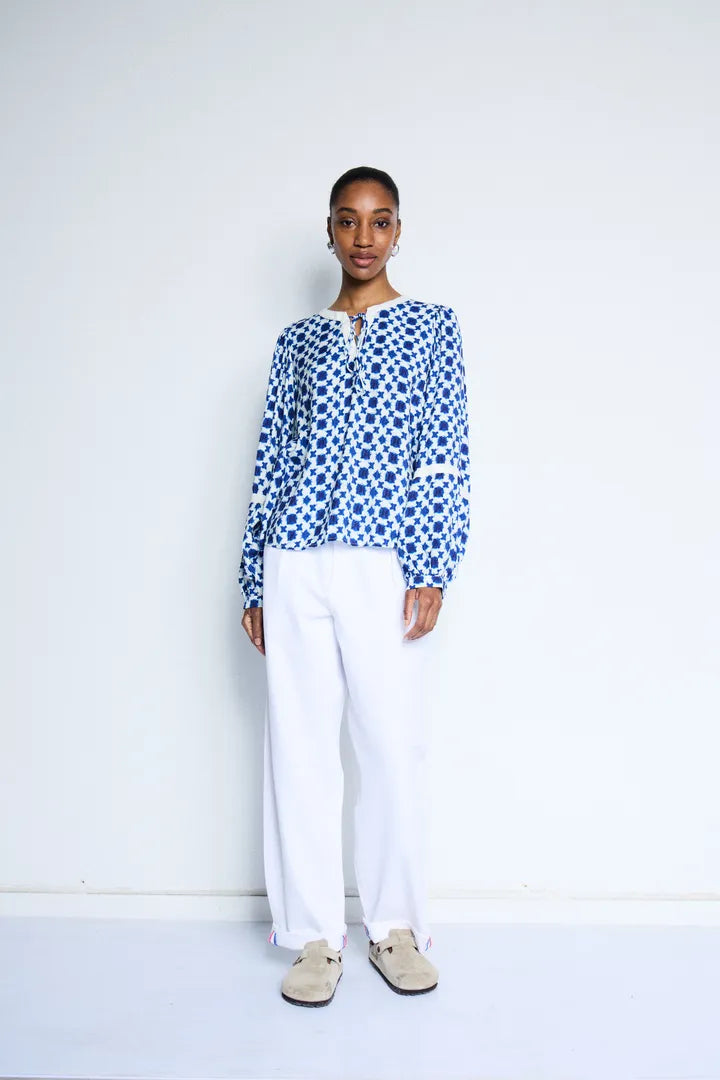 Eshi Blouse in Blue Graphic Tile | Ichi Stockist | Joli Clothing ...